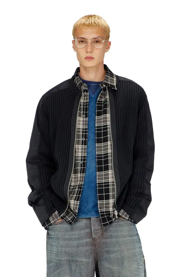 DIESEL® Ribbed Cardigan With Utilitarian Panels - Black