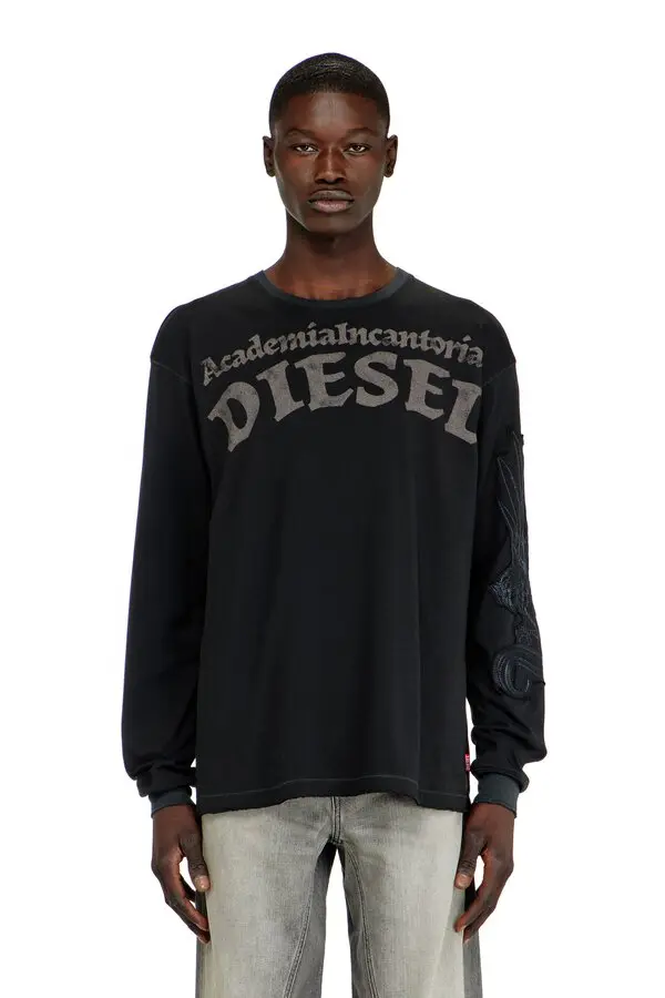 DIESEL® Long-sleeve T-shirt With Prints And Patches - Black
