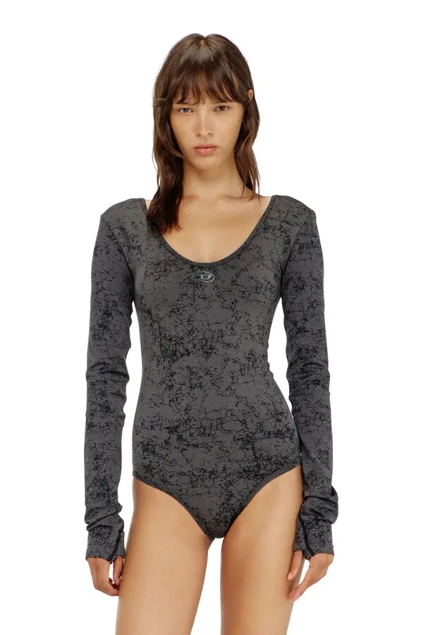 DIESEL® Long Sleeve Open Back Bodysuit With Utilitarian Print - Black