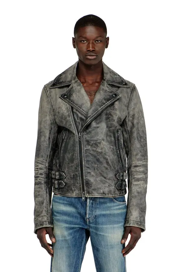 DIESEL® Treated Leather Biker Jacket - Grey
