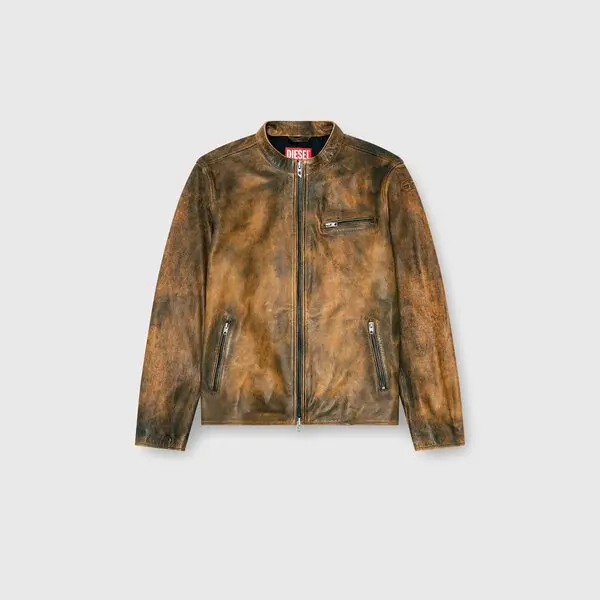 DIESEL® Treated Leather Biker Jacket - Brown