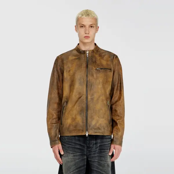DIESEL® Treated Leather Biker Jacket - Brown