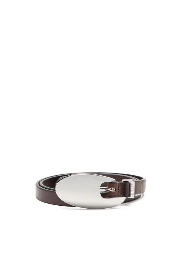 DIESEL® 1.5cm Slim Leather Belt With Sculptural Buckle - Brown
