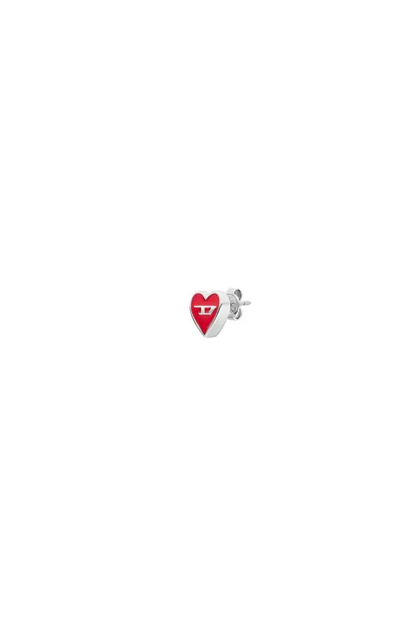 DIESEL® Stainless Steel Heart Stud Earring With Red Enamel D Logo - Silver