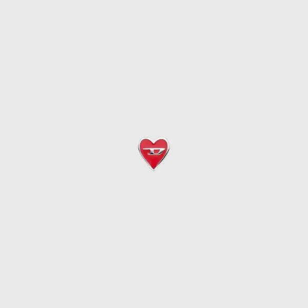 DIESEL® Stainless Steel Heart Stud Earring With Red Enamel D Logo - Silver