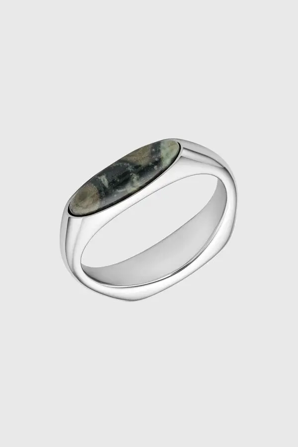 DIESEL® Stainless Steel Signet Ring With Natural Jasper - Silver
