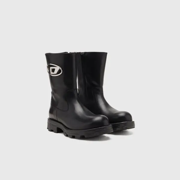 DIESEL® Shiny Leather Biker Boots With Silver Tone Oval D Hardware - Black