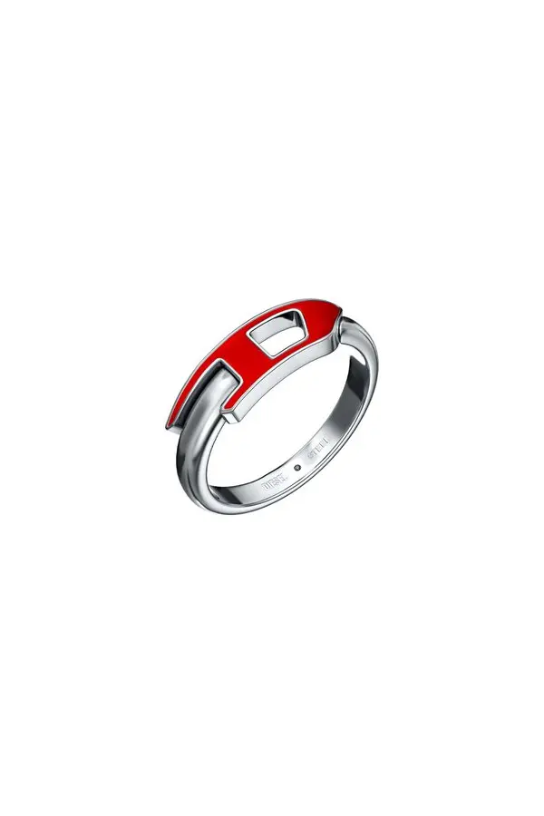 DIESEL® Stainless Steel Band Ring With Red Enamel Logo - Silver
