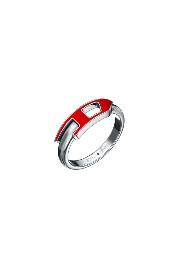DIESEL® Stainless Steel Band Ring With Red Enamel Logo - Silver