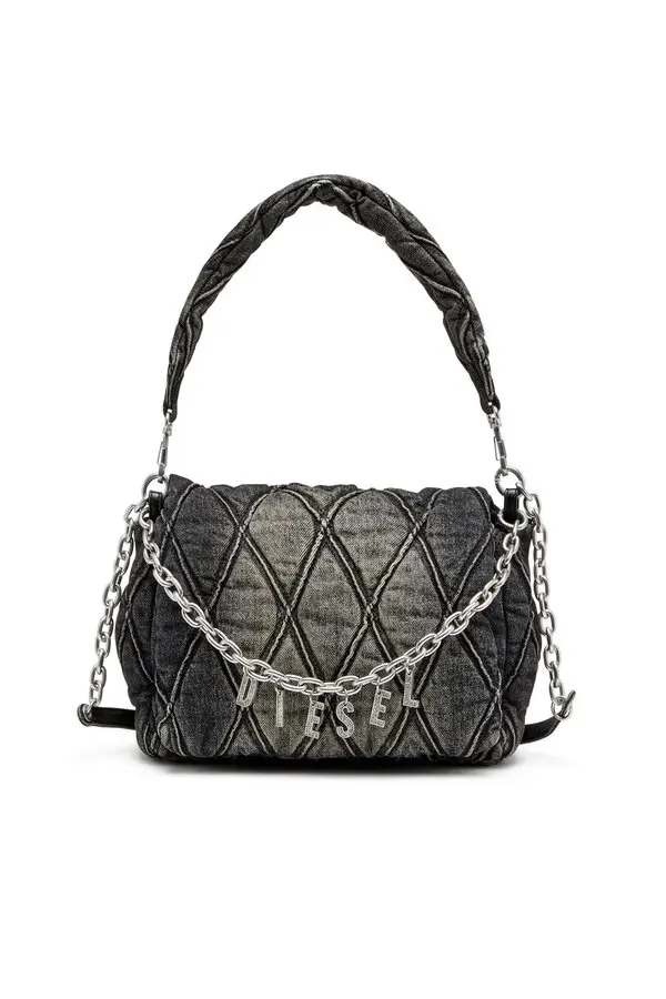 DIESEL® Quilted Denim Shoulder Bag With Rhinestone Charms - Black