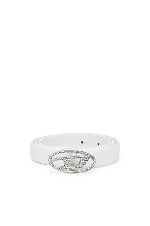 DIESEL® Slim Leather Belt With Crystal Buckle - White