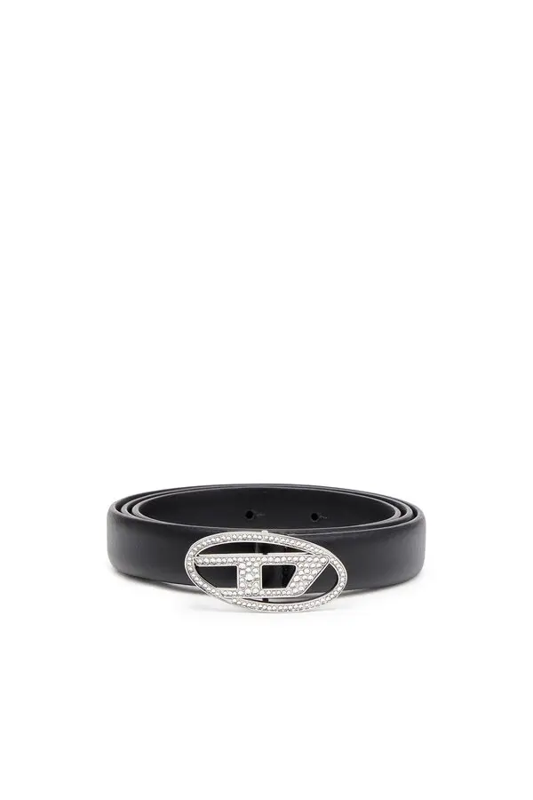 DIESEL® Slim Leather Belt With Crystal Buckle - Black