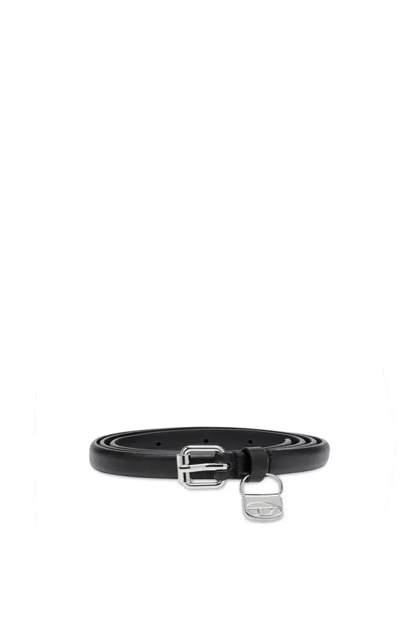 DIESEL® 1.4cm Slim Leather Belt With 1dr Bag Charm - Black