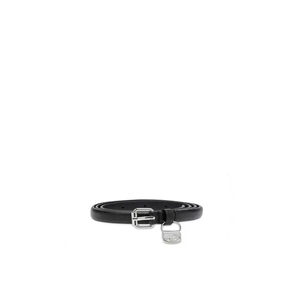 DIESEL® 1.4cm Slim Leather Belt With 1dr Bag Charm - Black