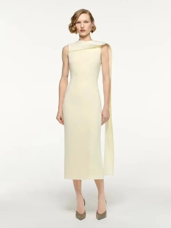 Roland Mouret Satin Crepe Midi Dress With Draped Neckline And Sash - Yellow