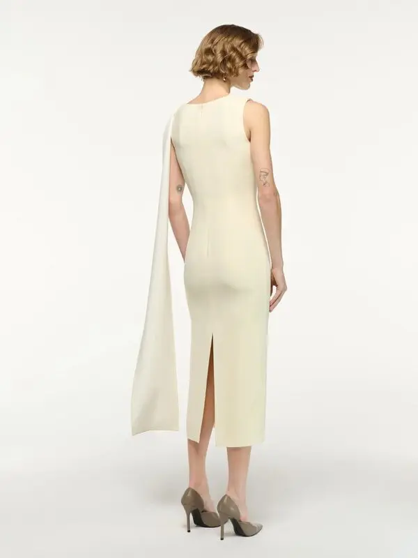 Roland Mouret Satin Crepe Midi Dress With Draped Neckline And Sash - Yellow
