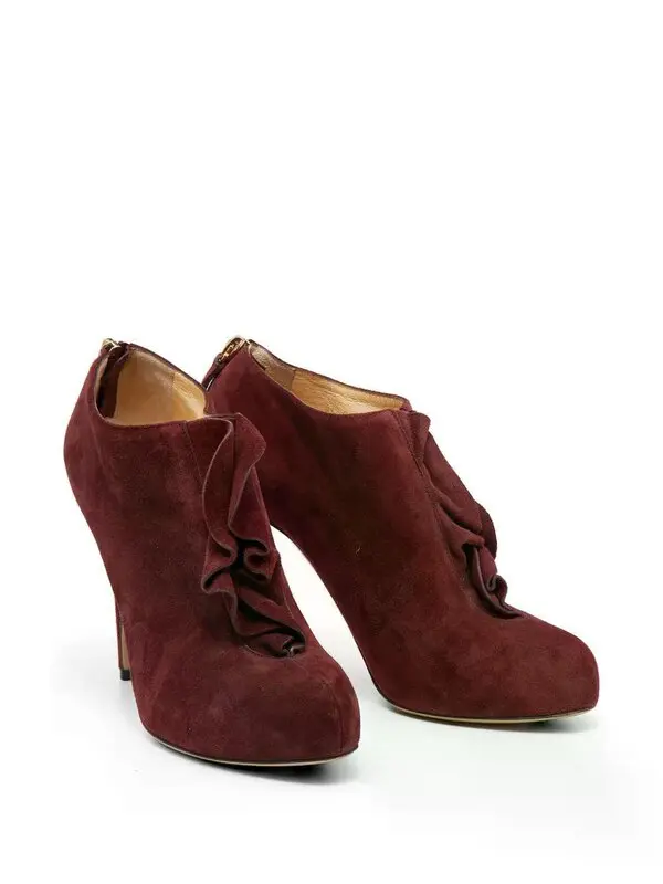 Valentino Garavani Burgundy Suede Ruffle Trim Ankle Boots