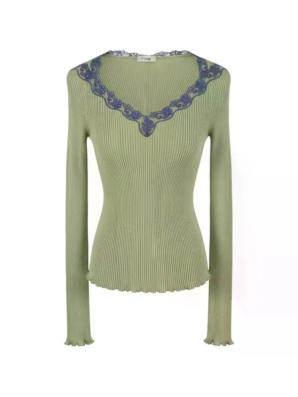 Chloé Ribbed Knit V-neck T-shirt With Lace Trim - Green