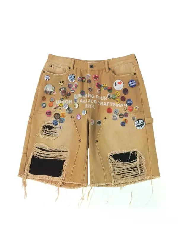 BLDG4 Chrysler Distressed Pin-embellished Shorts - Neutrals