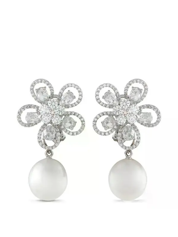 ASSAEL Diamond And Pearl Drop Clip-on Earrings In 18k White Gold - Silver