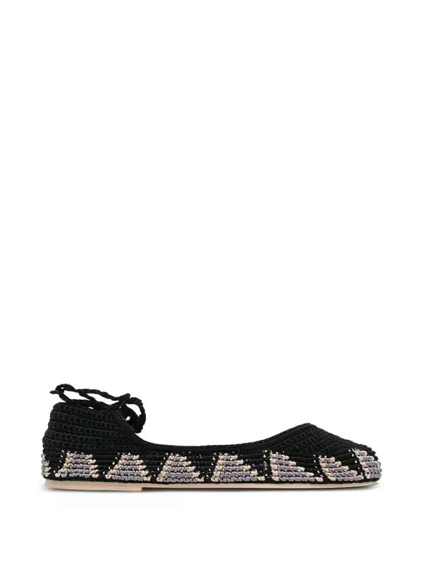 SLO_HAND_MADE Crochet Ballet Flats With Tie-fastening Ankle Straps - Black