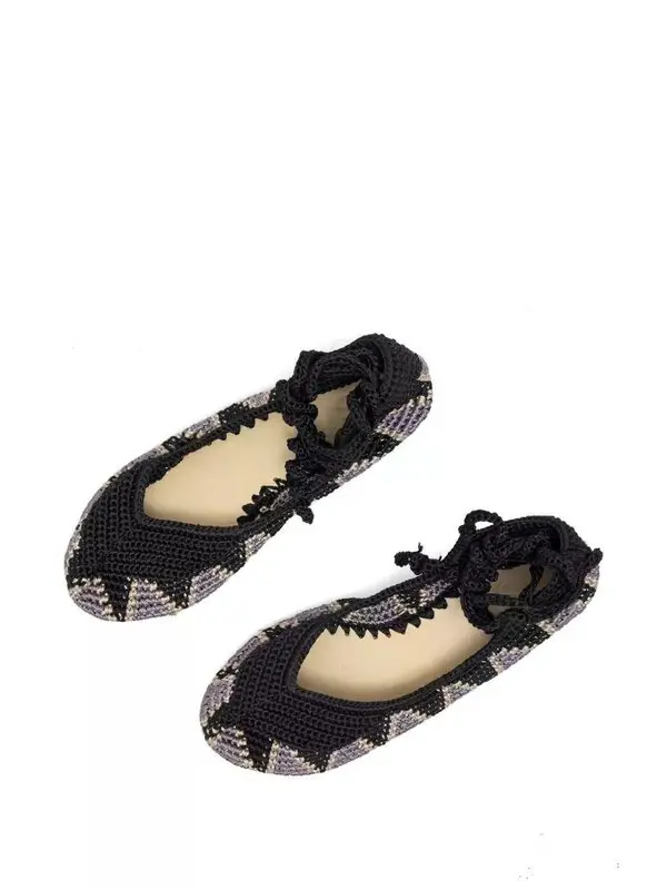 SLO_HAND_MADE Crochet Ballet Flats With Tie-fastening Ankle Straps - Black