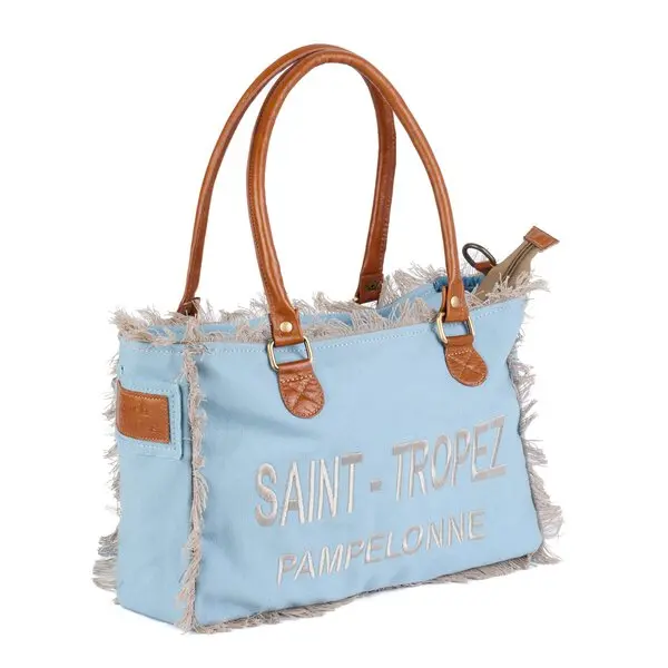 BEDROOM ATHLETICS Lani Washed Organic Canvas Shoulder Bag With Distressed Leather Accents - Blue