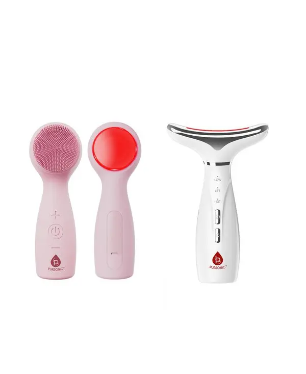 PURSONIC 7-in-1 Led Therapy Device For Face And Neck + 3-in-1 Facial Cleansing System - White