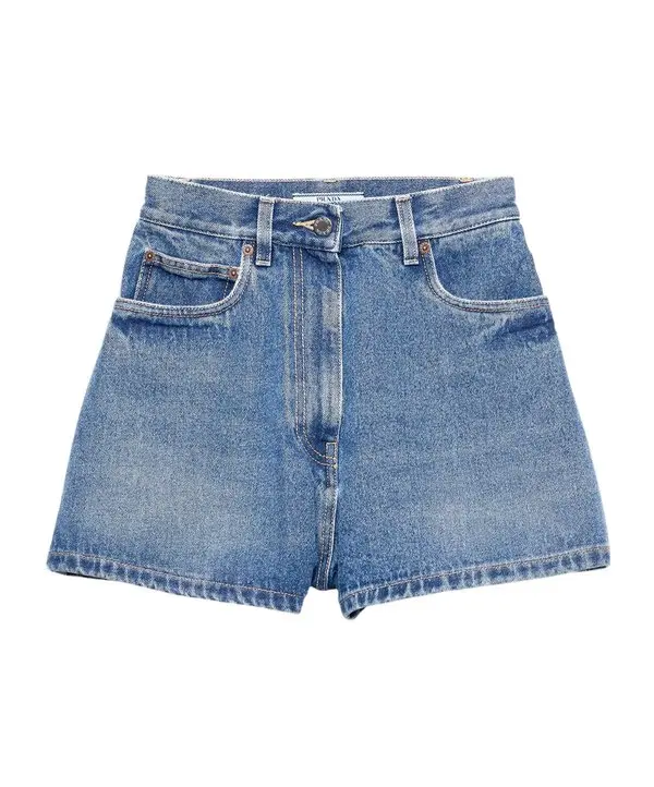 Prada High-waist Denim Shorts With Logo Plaque - Light Blue