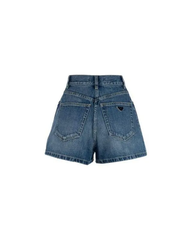 Prada High-waist Denim Shorts With Logo Plaque