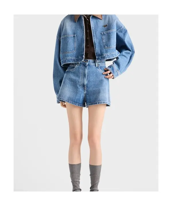 Prada High-waist Denim Shorts With Logo Plaque