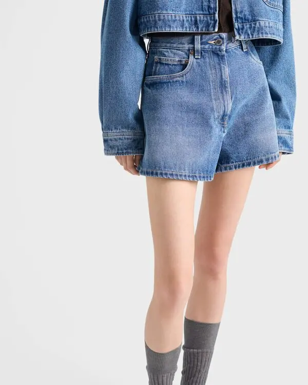 Prada High-waist Denim Shorts With Logo Plaque