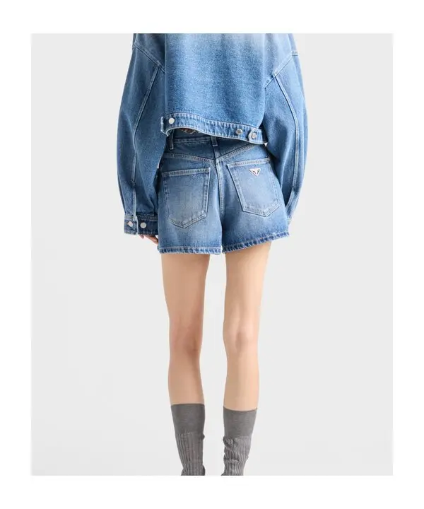 Prada High-waist Denim Shorts With Logo Plaque
