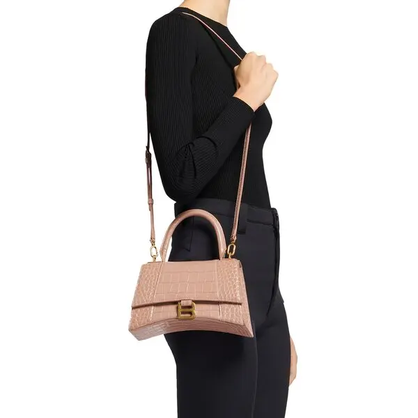Balenciaga Hourglass Small Embossed Crocodile Effect Handbag - Nude
