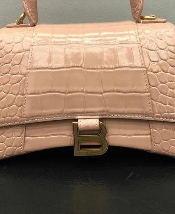 Balenciaga Hourglass Small Embossed Crocodile Effect Handbag - Nude