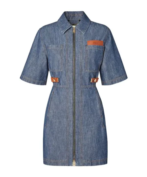 Fendi Logo Detailed Denim Chambray Dress - Dark Navy