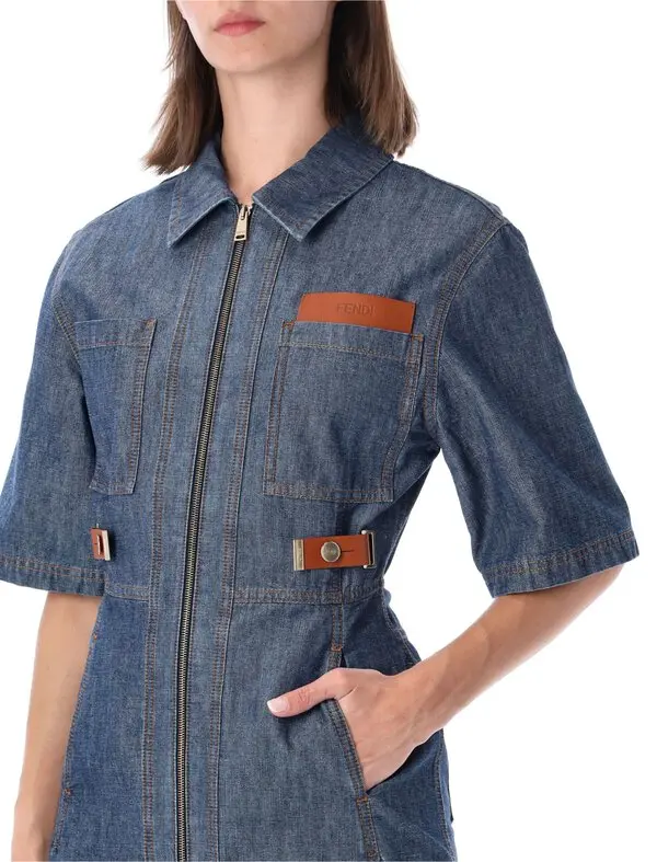 Fendi Logo Detailed Denim Chambray Dress - Navy Blue