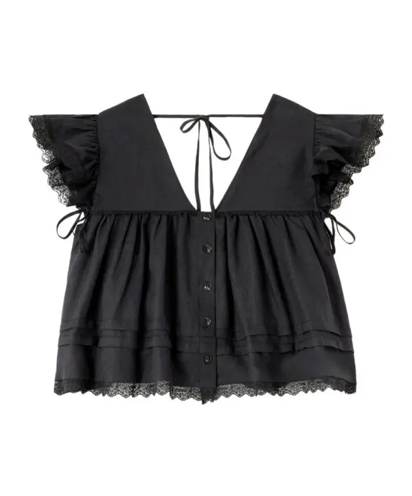 GANNI Lace-trimmed V-neck Linen Blend Top - Black