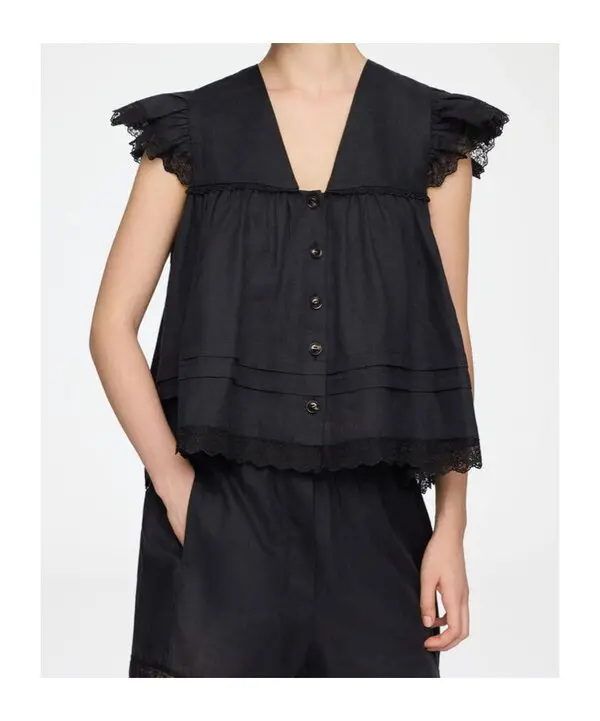 GANNI Lace-trimmed Linen Top