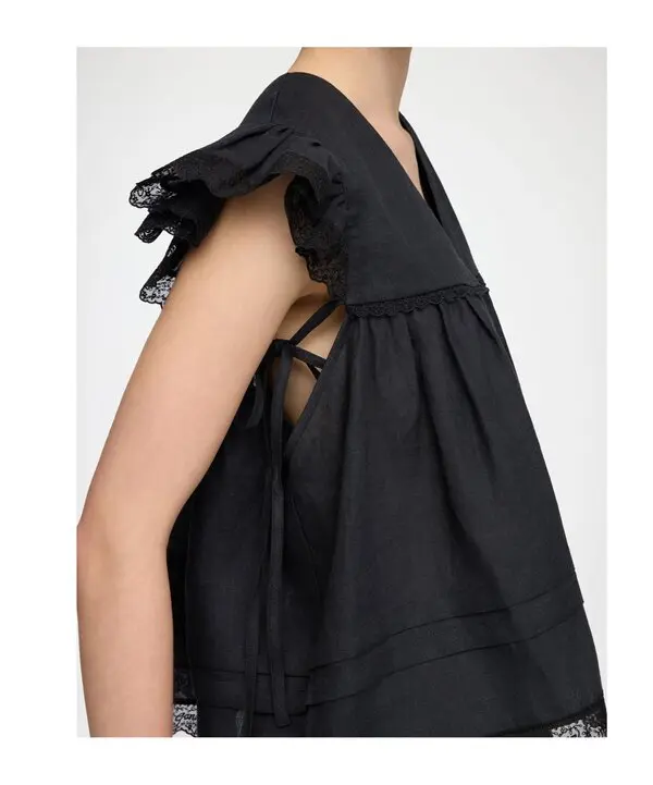 GANNI Lace-trimmed Linen Top