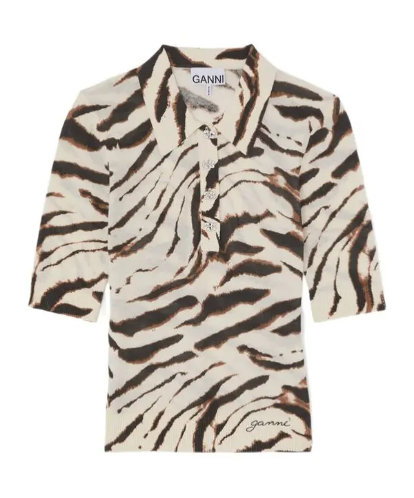 GANNI Zebra Animal Print Polo Shirt - Egret