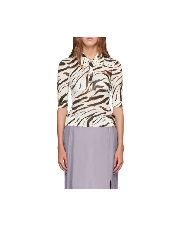 GANNI Zebra Animal Print Polo Shirt - Egret