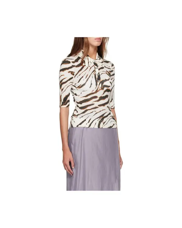 GANNI Zebra Animal Print Polo Shirt - Egret
