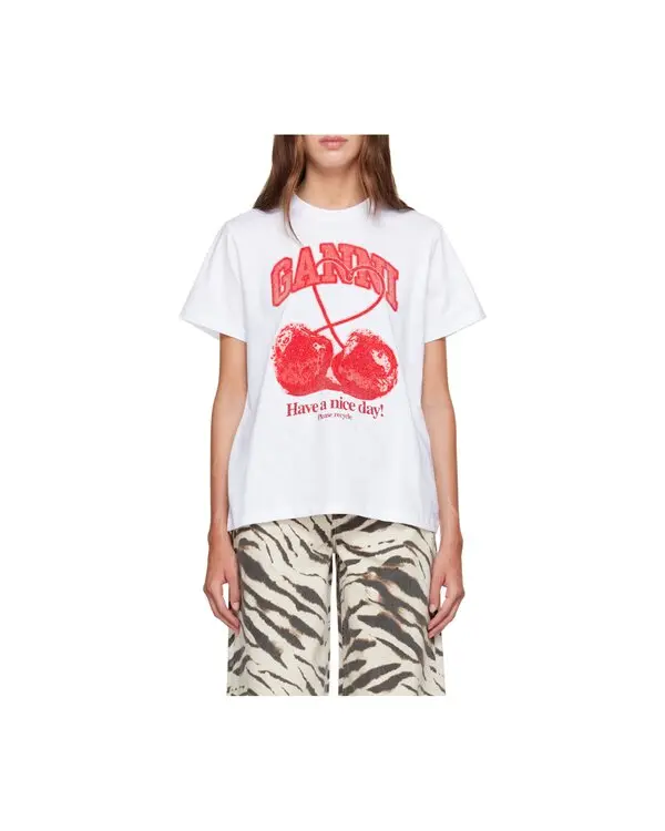 GANNI Graphic Cherry Print T-shirt - Bright White