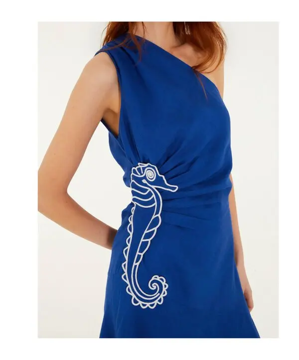 Farm Rio One-shoulder Midi Dress With Seahorse Embroidery