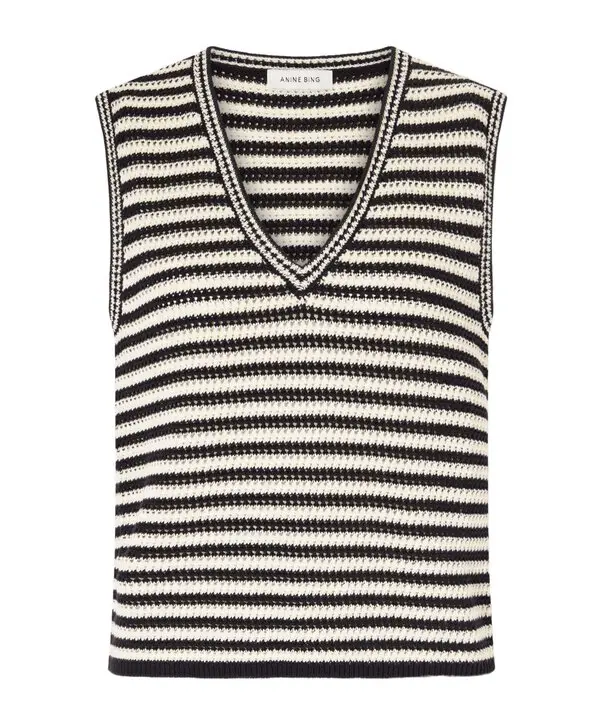 ANINE BING Lowen Striped V-neck Vest - White/black