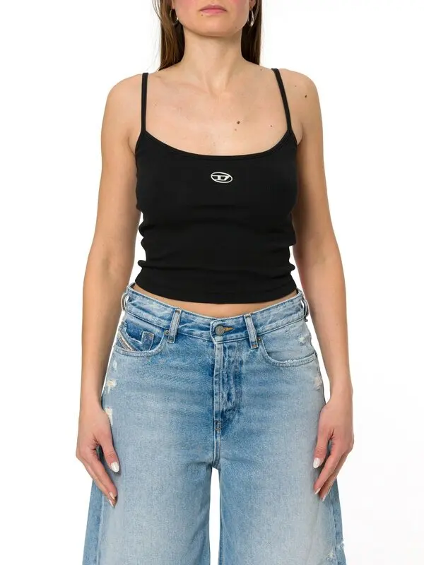 DIESEL® Ribbed Spaghetti Strap Top With Oval D Logo - Black