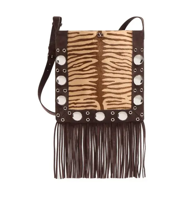 Valentino Garavani Nelli Côte Shoulder Bag In Animalier Pony Effect Calfskin With Fringes