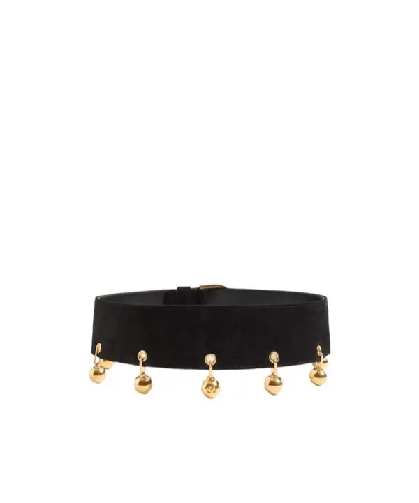 Valentino Garavani Vlogo Suede Belt With Gold Tone Balls - Black