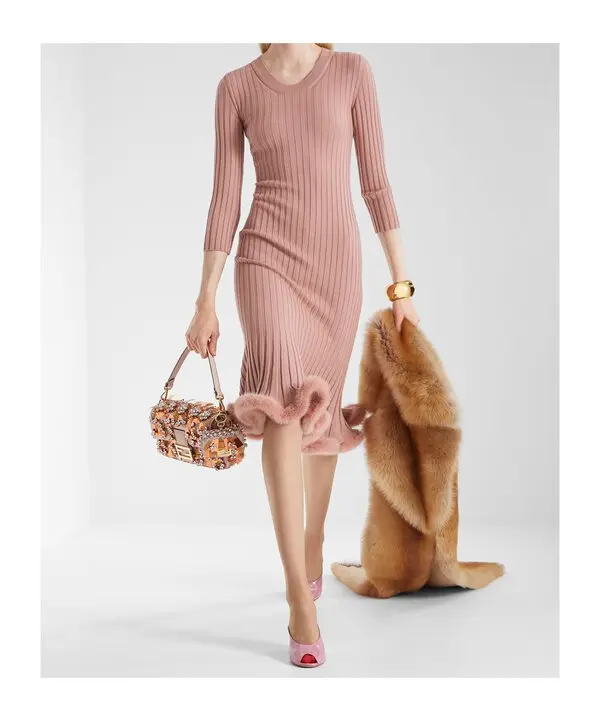 Fendi Ribbed-knit Midi Dress With Mink Trim